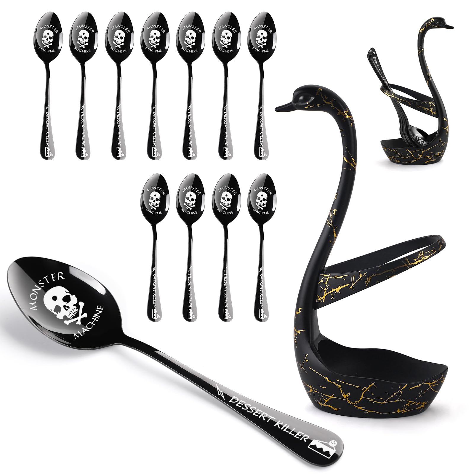 12 Pcs Skull Coffee Spoons Set With Large Black Swan Base Holder OIULO Stainless Steel 6.7-Inch Creative Dinnerware Set Goth Pattern Fruit,Dessert,Stirring, Mixing, Sugar, Stir, Cake Ice Cream