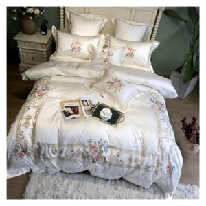 IBDRYKK White Blue Pink Luxury Flowers Embroidery 100S Egyptian Cotton Palace Bedding Set Duvet Cover Bed Sheet/Linen Pillowcases, All Season (Color : One Color, Size : Queen Size 4pcs)