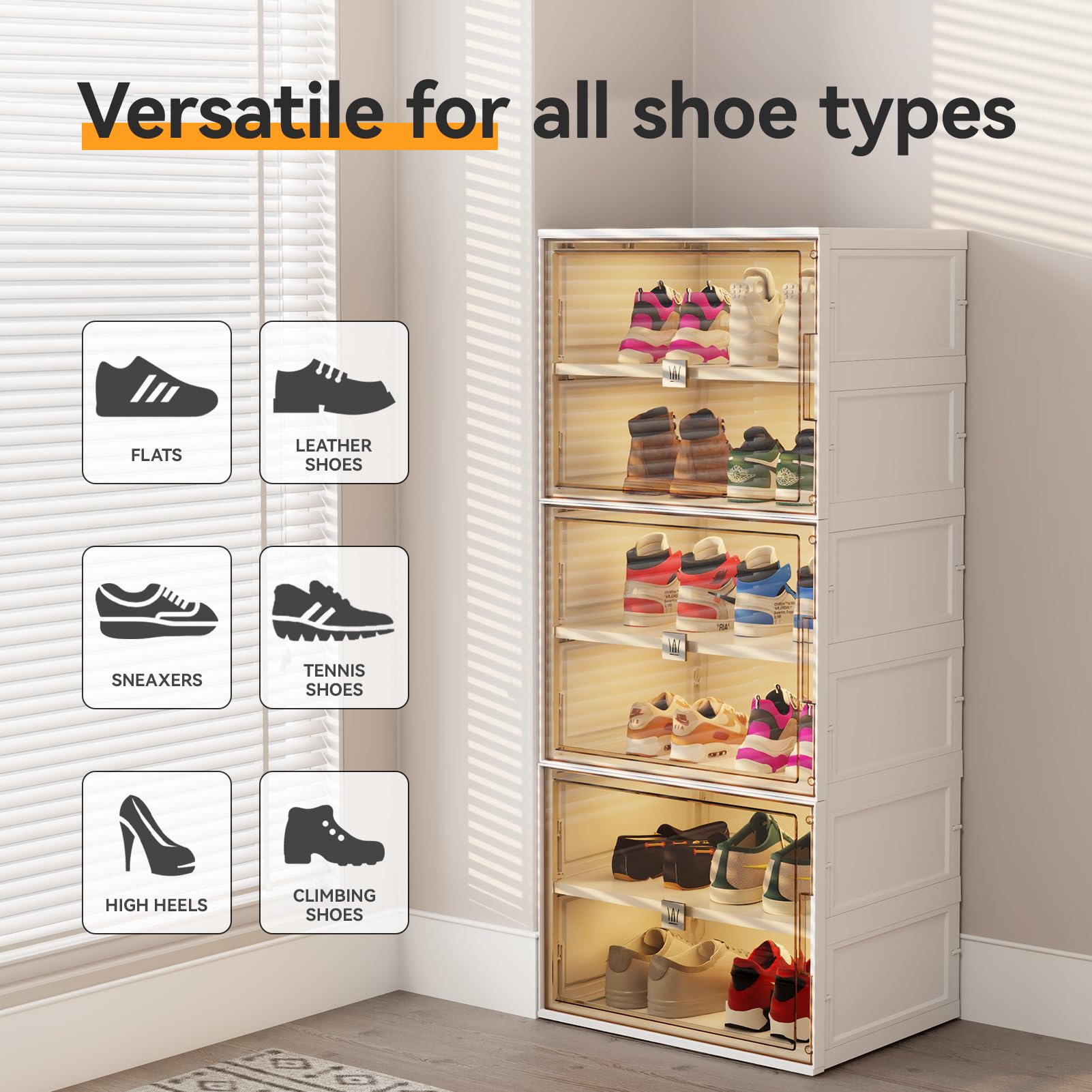 ZZCZZ Shoe Organizer for Closet, Large Clear Plastic Stackable Shoe Storage Boxes, 6 Tiers 12 Pairs Easy Assembly Shoe Cabinet with Magnetic Clear Door, Foldable Shoe Rack Container Bins for Entryway