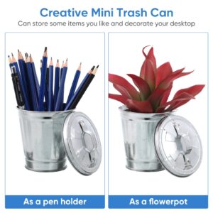 Kichvoe Mini Galvanized Trash Can with Lid Tiny Wastebasket Trash Bin Small Metal Buckets Garbage Bin Tabletop Rubbish Bin Flower Pot Pen Holder for Succulent Office