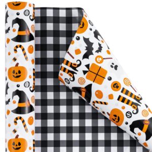 LeZakaa Reversible Halloween Wrapping Paper - Pumpkin, Witch Hat & Black and White Plaid Design for Halloween, Nightmare before Christmas Holiday, Party - 17 inches x 32.8 Feet (46.45 sq.ft.)