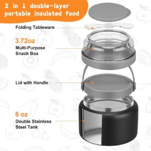 JXXM 2 in 1 Double Insulated Food Jar 8oz Soup Thermo with Snack Container Kids Thermo for Hot Food Lunch Containers Wide Mouth Vacuum Stainless Steel Leak Proof for School Travel (Gray)