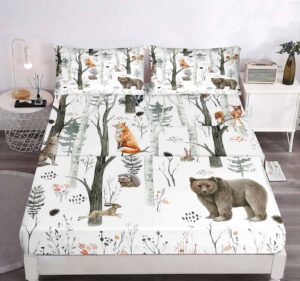 luvivihome 4pcs woodland animals sheets set, queen bed sheets, white sheets, boys girls kids bedding, bear deer fox forest animal lodge cabin bedding set, 1 fitted sheet & 1 flat sheet & 2 pillowcases