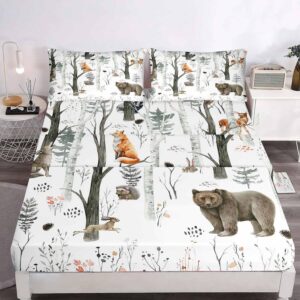 LUVIVIHOME 4PCS Woodland Animals Sheets Set, Queen Bed Sheets, White Sheets, Boys Girls Kids Bedding, Bear Deer Fox Forest Animal Lodge Cabin Bedding Set, 1 Fitted Sheet & 1 Flat Sheet & 2 Pillowcases