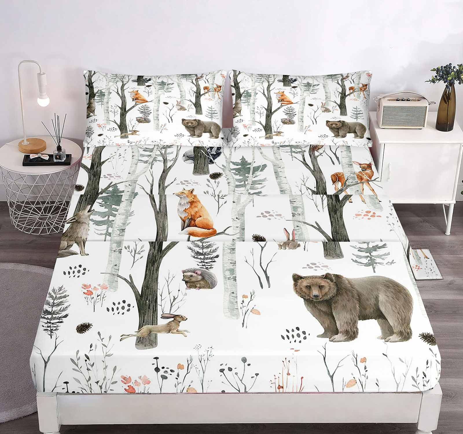 LUVIVIHOME 4PCS Woodland Animals Sheets Set, Queen Bed Sheets, White Sheets, Boys Girls Kids Bedding, Bear Deer Fox Forest Animal Lodge Cabin Bedding Set, 1 Fitted Sheet & 1 Flat Sheet & 2 Pillowcases