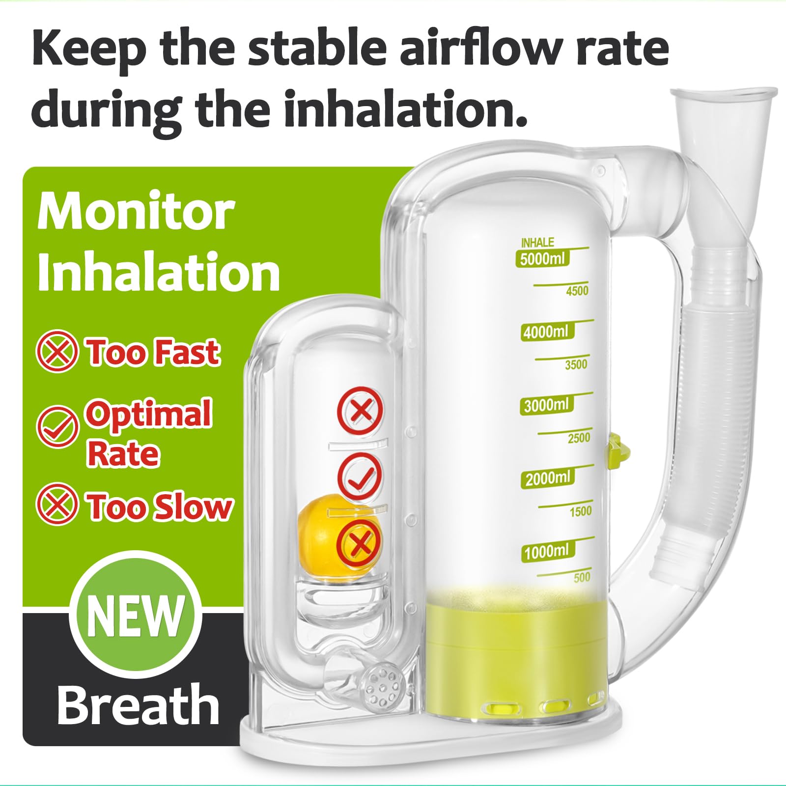 Incentive Spirometer Adult, Breathing Exercise Device for Lungs, 5000ml Capacity, Made with Medical-Grade Shatterproof PC Material, Easy-to-Read Scale, Airflow Indicator for Controlled Breathing