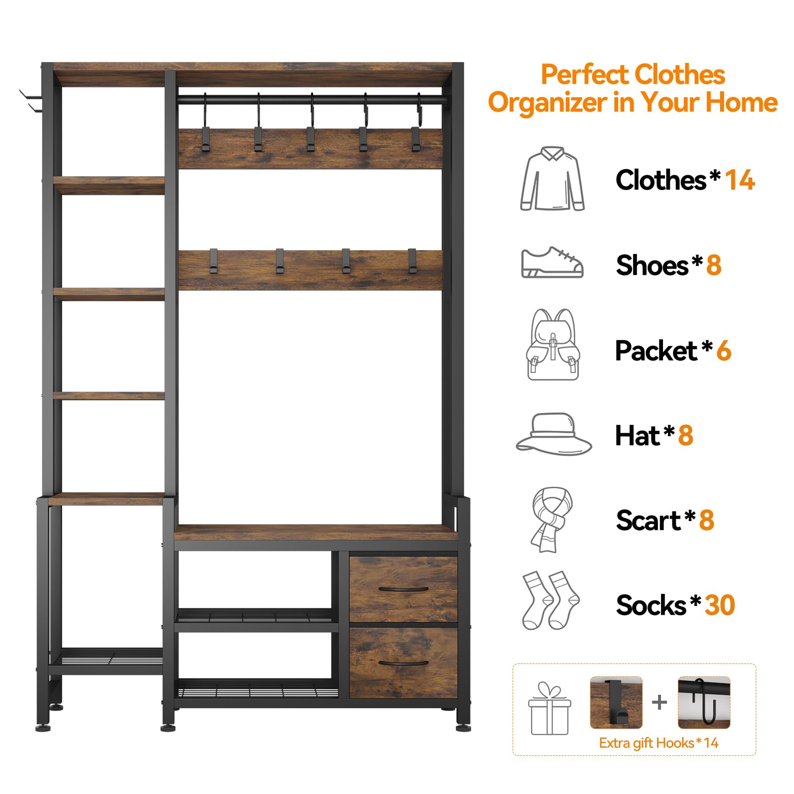 WODRAWER Hall Tree for Entryway 43", Bench with Shoe Storage, Large Coat Rack Shoe Bench with 5 Tier Shelves, 5 in 1 Design Front Door Shoe Rack and Wall Rack Hooks, and 2 Drawers (Rustic Brown)