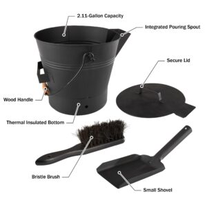 Pure Garden Ash Bucket with Lid, Broom, and Shovel, Black