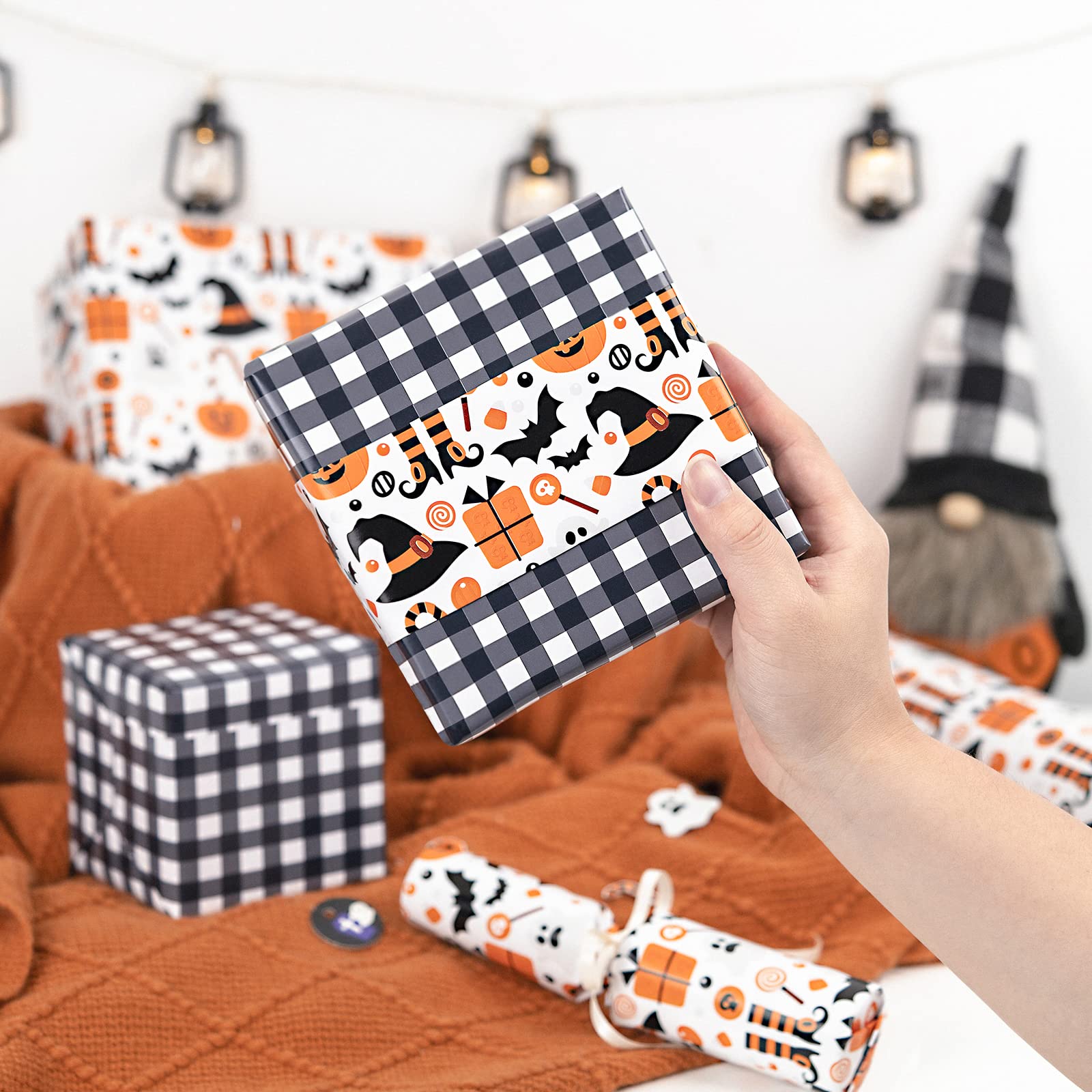 LeZakaa Reversible Halloween Wrapping Paper - Pumpkin, Witch Hat & Black and White Plaid Design for Halloween, Nightmare before Christmas Holiday, Party - 17 inches x 32.8 Feet (46.45 sq.ft.)