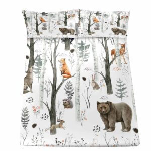 LUVIVIHOME 4PCS Woodland Animals Sheets Set, Queen Bed Sheets, White Sheets, Boys Girls Kids Bedding, Bear Deer Fox Forest Animal Lodge Cabin Bedding Set, 1 Fitted Sheet & 1 Flat Sheet & 2 Pillowcases