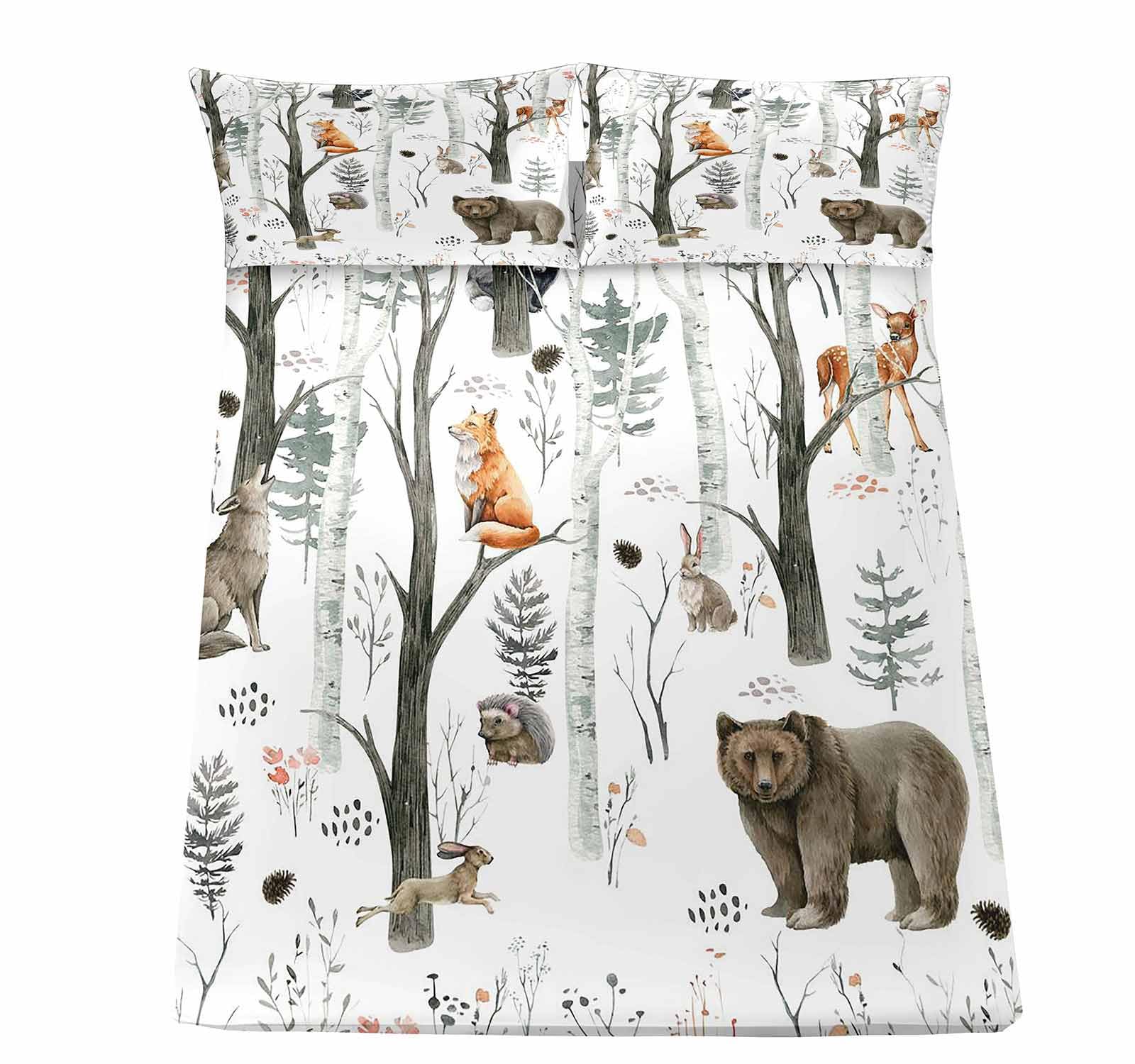 LUVIVIHOME 4PCS Woodland Animals Sheets Set, Queen Bed Sheets, White Sheets, Boys Girls Kids Bedding, Bear Deer Fox Forest Animal Lodge Cabin Bedding Set, 1 Fitted Sheet & 1 Flat Sheet & 2 Pillowcases