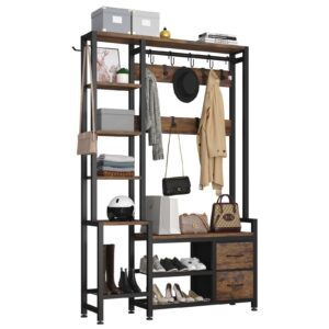 WODRAWER Hall Tree for Entryway 43", Bench with Shoe Storage, Large Coat Rack Shoe Bench with 5 Tier Shelves, 5 in 1 Design Front Door Shoe Rack and Wall Rack Hooks, and 2 Drawers (Rustic Brown)