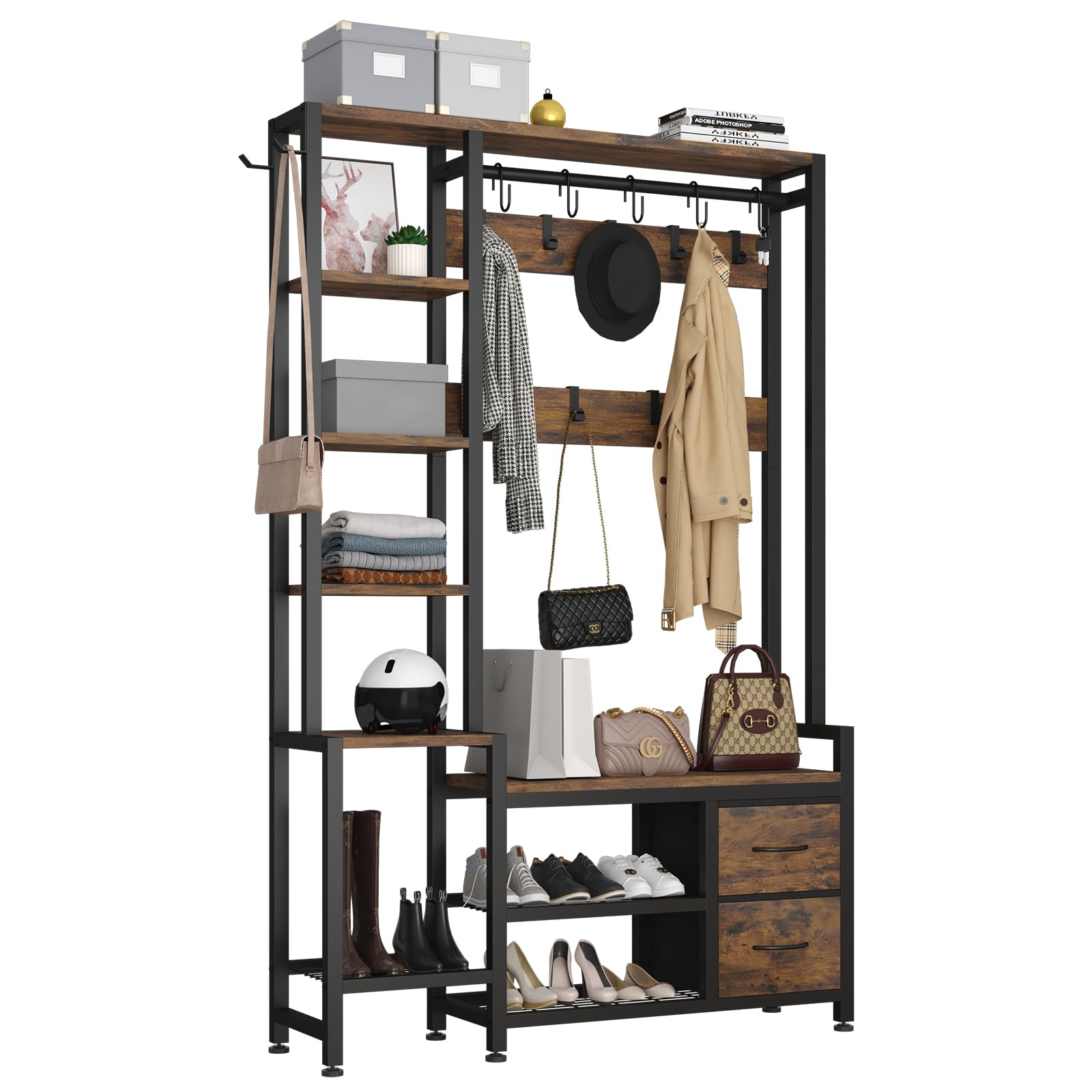 WODRAWER Hall Tree for Entryway 43", Bench with Shoe Storage, Large Coat Rack Shoe Bench with 5 Tier Shelves, 5 in 1 Design Front Door Shoe Rack and Wall Rack Hooks, and 2 Drawers (Rustic Brown)