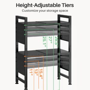 Expandable Microwave Stand, Heavy Duty 3-Tier Adjustable Microwave Oven Rack Shelf with 8 Hooks & 2 Holders, Space-saving Kitchen Counter Shelf for kitchen organizers and storage, 200lbs Capacity