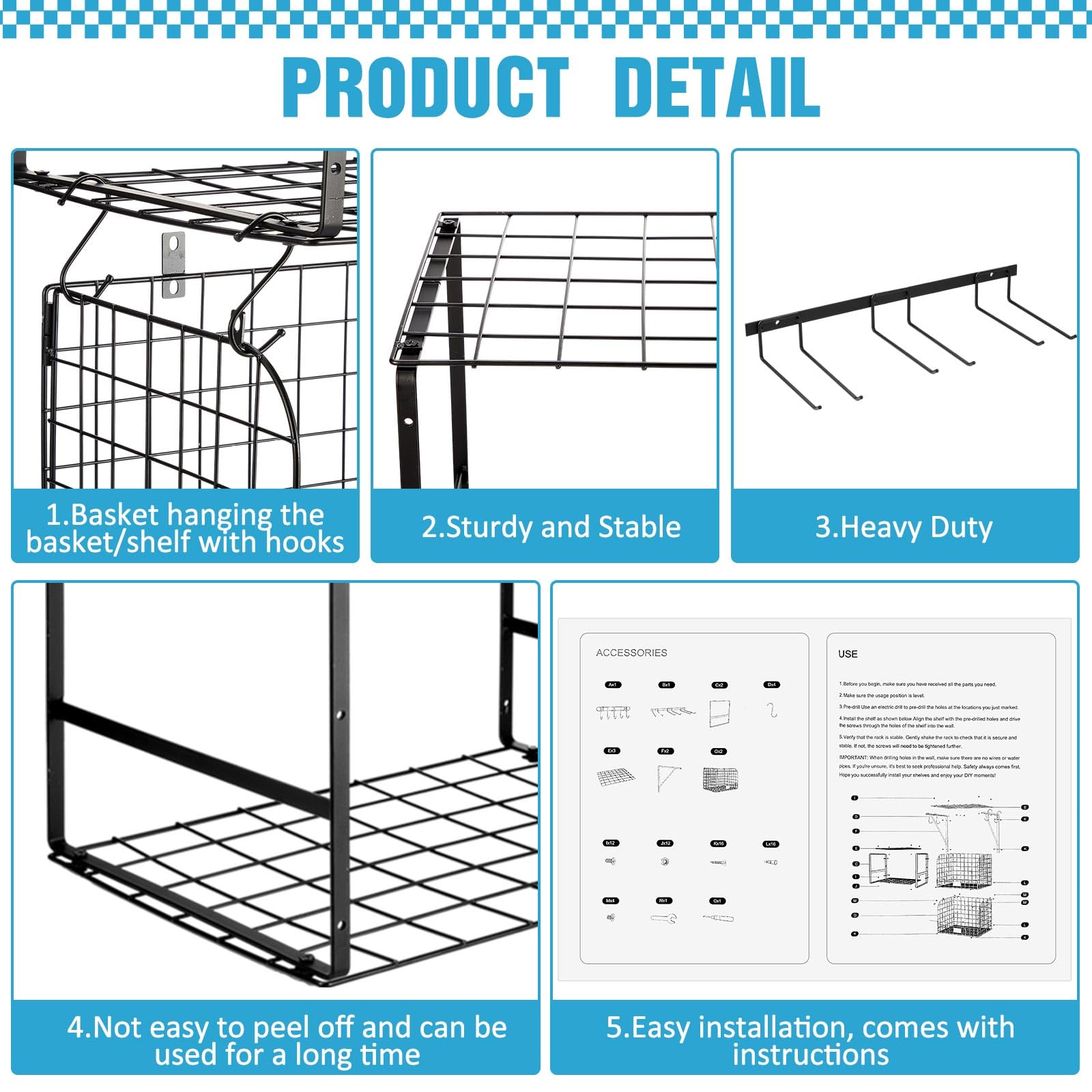 Willinglong 6 Pcs Wall Mounted Garage Shelf with Wire Baskets Set Garage Wall Shelving Tool Organizer Wall Mount Heavy Duty Garage Organization Shelves with Tool Rack and Hooks for Home Garden Storage