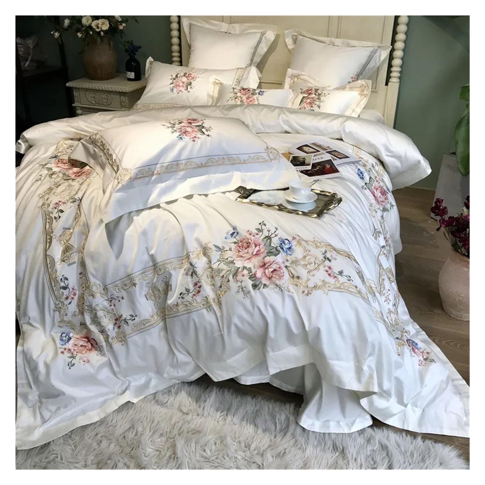 IBDRYKK White Blue Pink Luxury Flowers Embroidery 100S Egyptian Cotton Palace Bedding Set Duvet Cover Bed Sheet/Linen Pillowcases, All Season (Color : One Color, Size : Queen Size 4pcs)