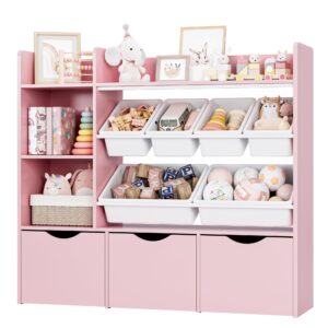 facbotall toy storage organizer with 3 movable drawers, bookshelf and bookcase with 6 plastic bins & 2 storage cubbies, toy chest with hidden wheels, toy storage box for playroom, school, pink