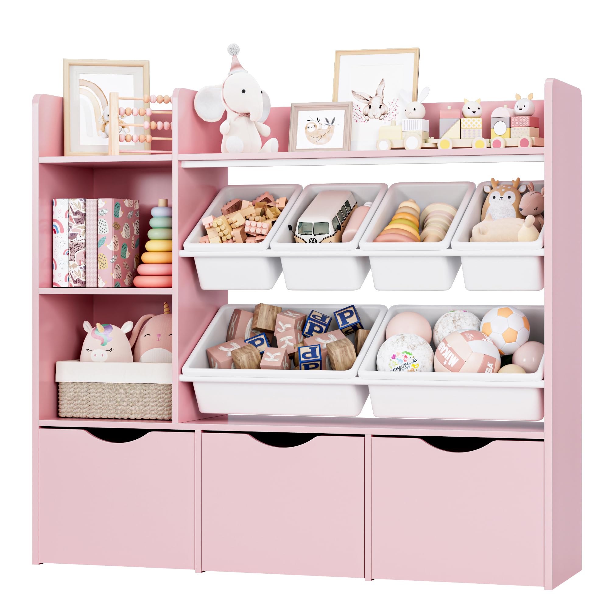 FACBOTALL Toy Storage Organizer with 3 Movable Drawers, Bookshelf and Bookcase with 6 Plastic Bins & 2 Storage Cubbies, Toy Chest with Hidden Wheels, Toy Storage Box for Playroom, School, Pink