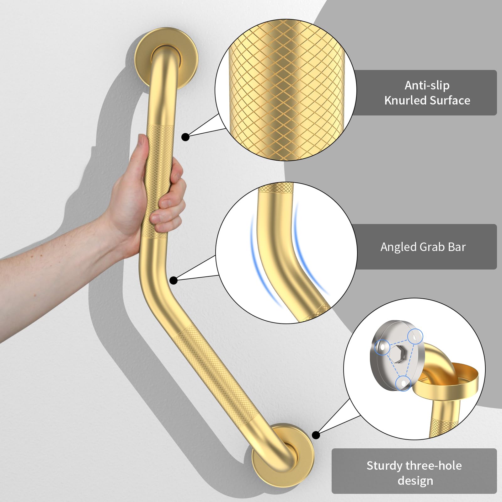 20 Inch Angled Grab Bar 4 Pack, YuanDe Brushed Gold Bathroom Grab Bar Handle w/Anti-Slip Knurled Grip, Stainless Steel Bath Balance Bar, 1.25" Tube Safety Hand Rail Support,Handicap Elderly Senior