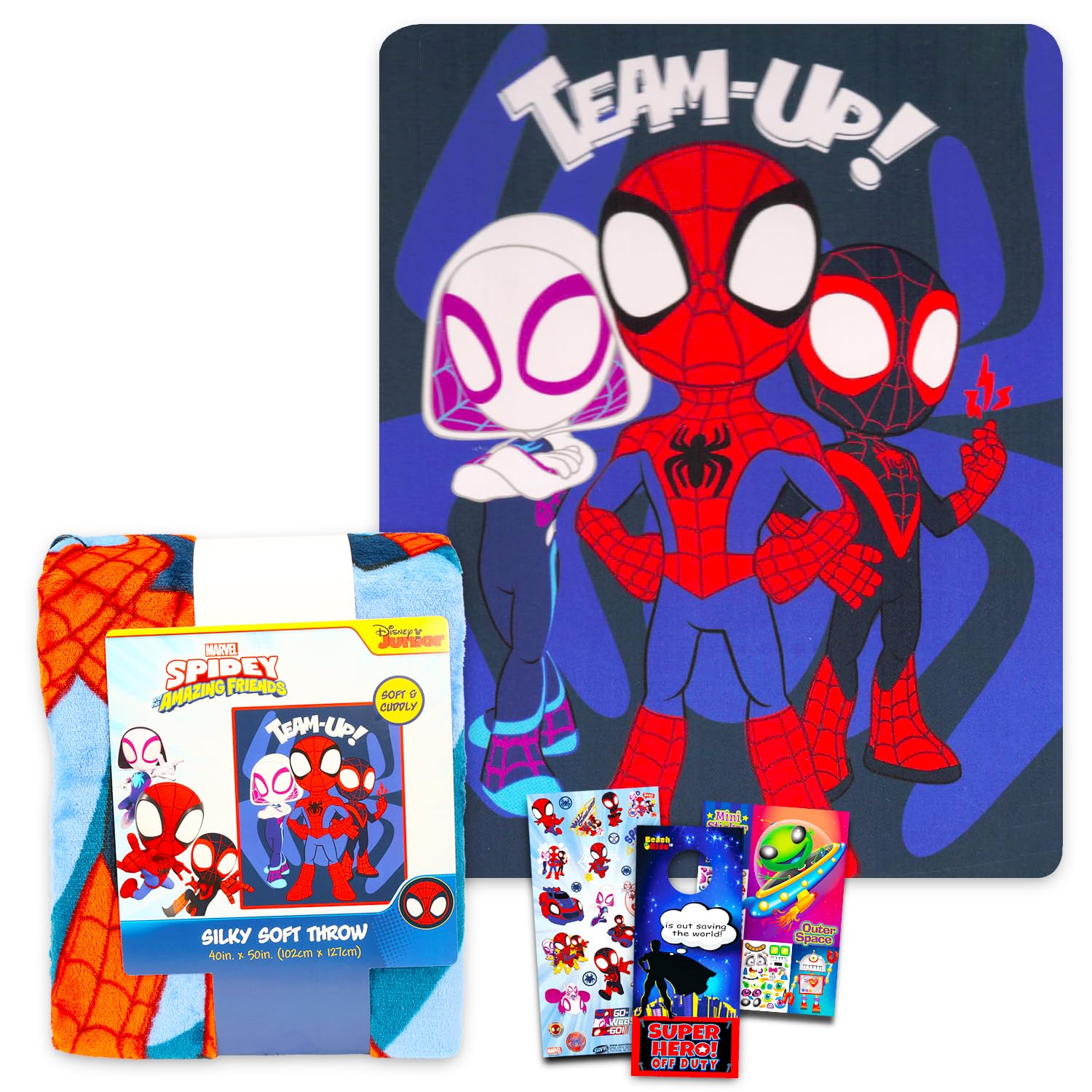 Spidey and Friends Throw Blanket for Toddlers - Spidey and Friends Blanket for Boys Bundle Includes 40" x 50" Spidey Throw Blanket Plus Create-A-Face Sticker Book, More | Spiderman Blanket for Boys