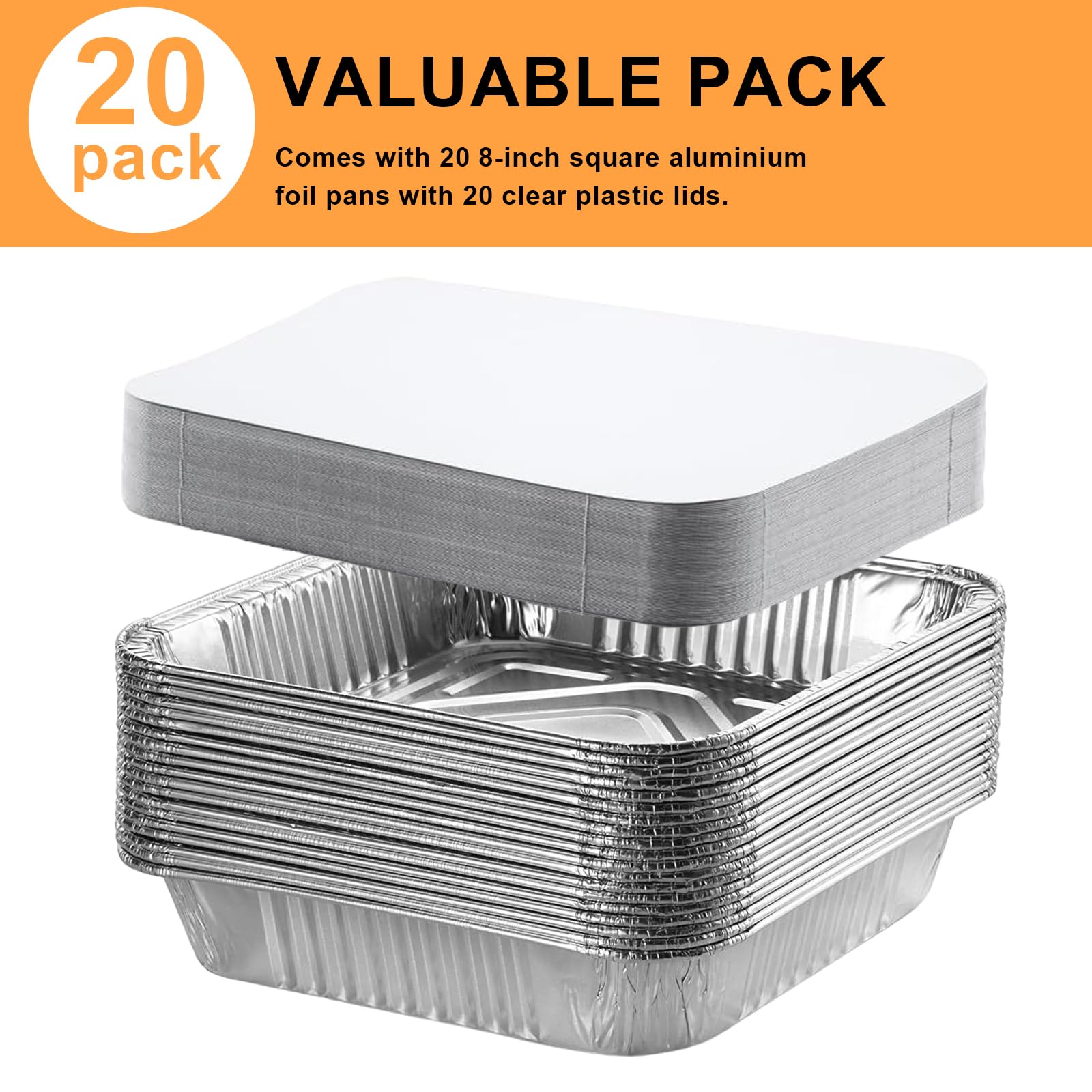 KmaxShip 8x8 Foil Pans with Lids (20 Pack) 8 Inch Square Aluminum Pans with Covers -Disposable Food Containers Great for Baking Cake, Cooking, Heating, Storing, Prepping Food