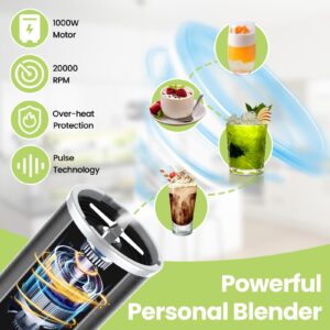 iCucina Blenders for Smoothies and Shakes, 1000W Personal Blender 32 oz * 2 To-Go Portable Cups with Lids for Frozen Fruits, Protein Drinks, Ices, 13 Pcs Blender Set for Kitchen