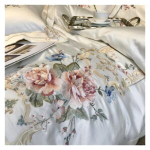 IBDRYKK White Blue Pink Luxury Flowers Embroidery 100S Egyptian Cotton Palace Bedding Set Duvet Cover Bed Sheet/Linen Pillowcases, All Season (Color : One Color, Size : Queen Size 4pcs)