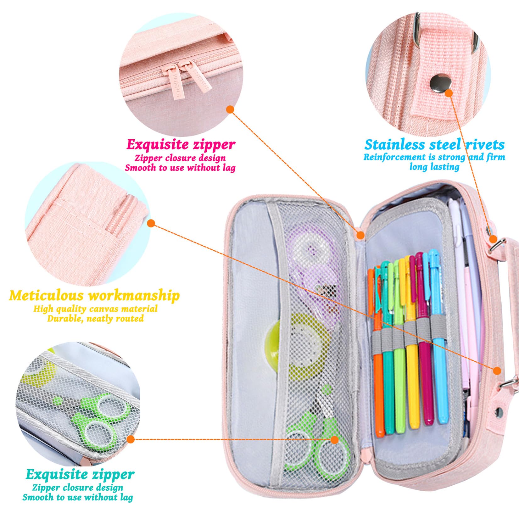 KEBEIXUAN Pencil Case Large Capacity Canvas Pencil Pouch Organizer with Zipper Multifunctional Pencil Box with Compartmens (Pencil Case Pink-A)