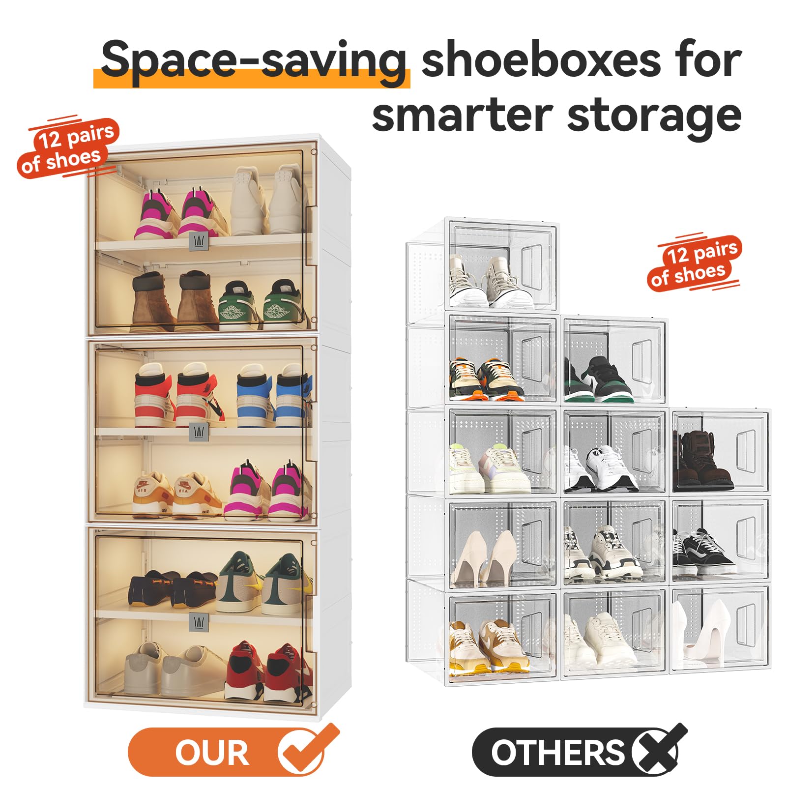 ZZCZZ Shoe Organizer for Closet, Large Clear Plastic Stackable Shoe Storage Boxes, 6 Tiers 12 Pairs Easy Assembly Shoe Cabinet with Magnetic Clear Door, Foldable Shoe Rack Container Bins for Entryway