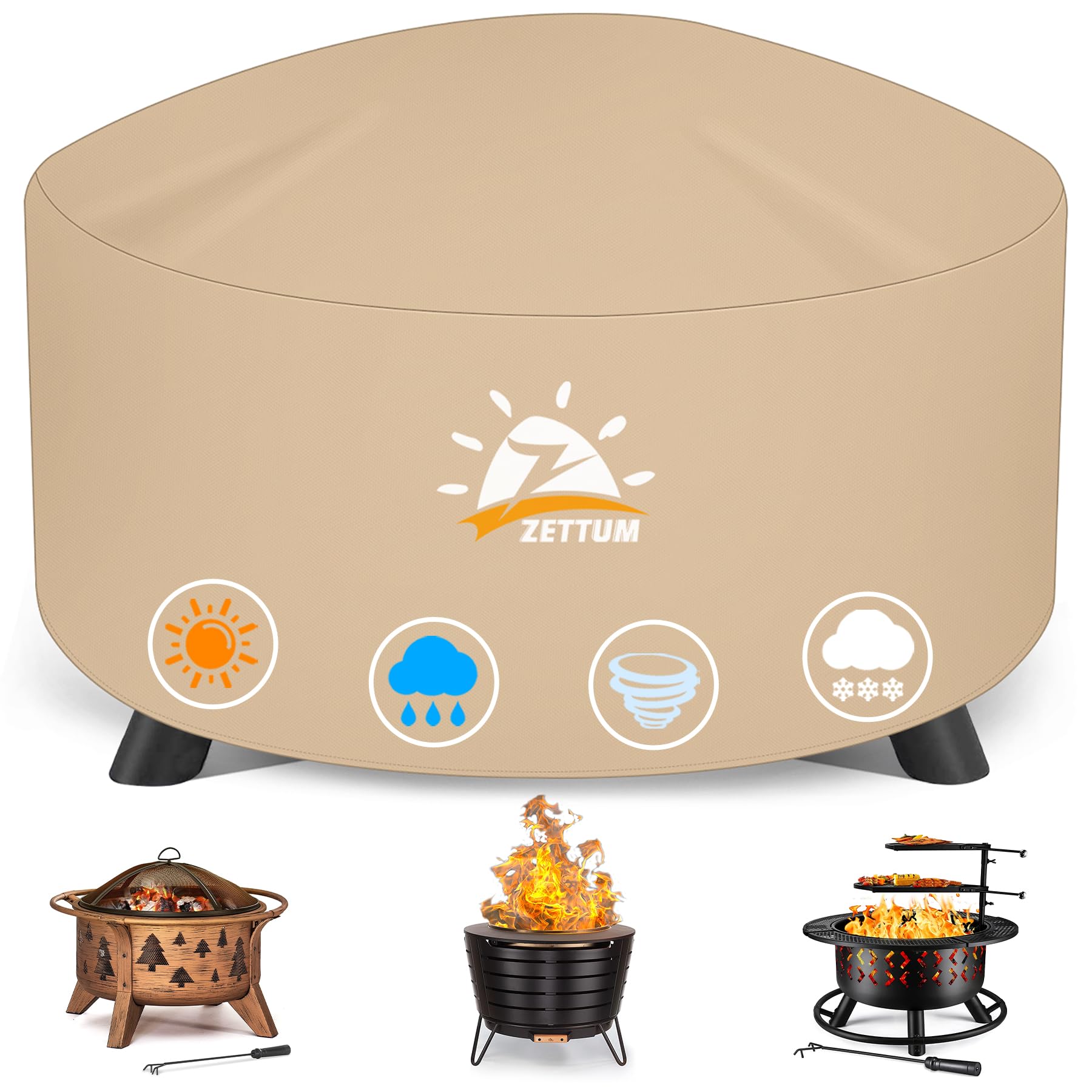 Zettum Fire Pit Cover Round 50 Inch - Outdoor Firepit Cover Waterproof & Heavy Duty, 600D Patio Fire Table Cover Large Gas Fire Pit Accessories Fade & Weather Resistant - 50 x 50 x 24 Inch