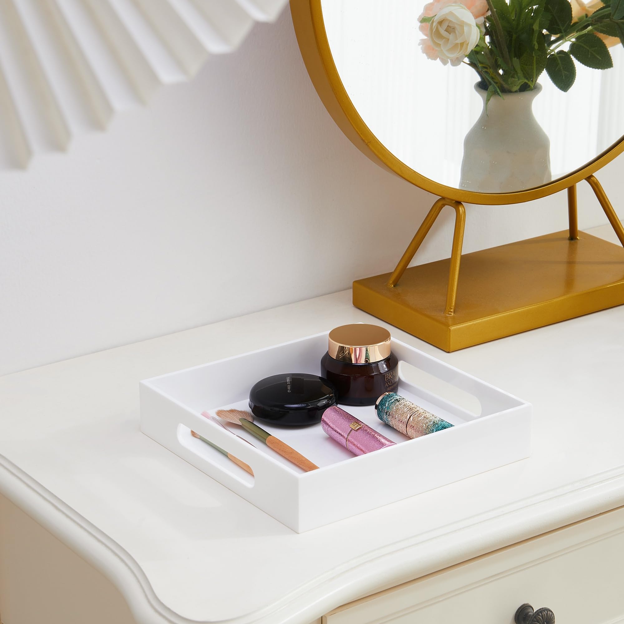 Generic White Acrylic Vanity Tray 8x8 Inches Decorative Bathroom Office Storage Organizer Tray Perfume Countertop Makeup Jewelry towel Dresser Tray Nightstand Entryway Closet Catchall Candle ottoman