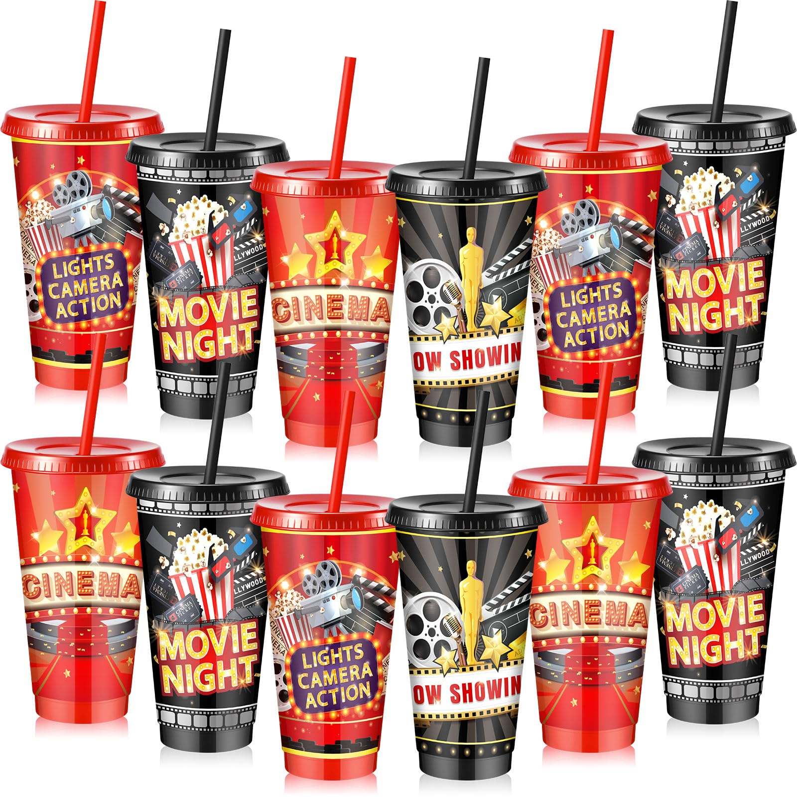 Uiifan 12 Pcs Movie Night Cups 24oz Movie Night Supplies Reusable Tumbler with Lid and Straw Movie Party Decorations Birthday Party Favors