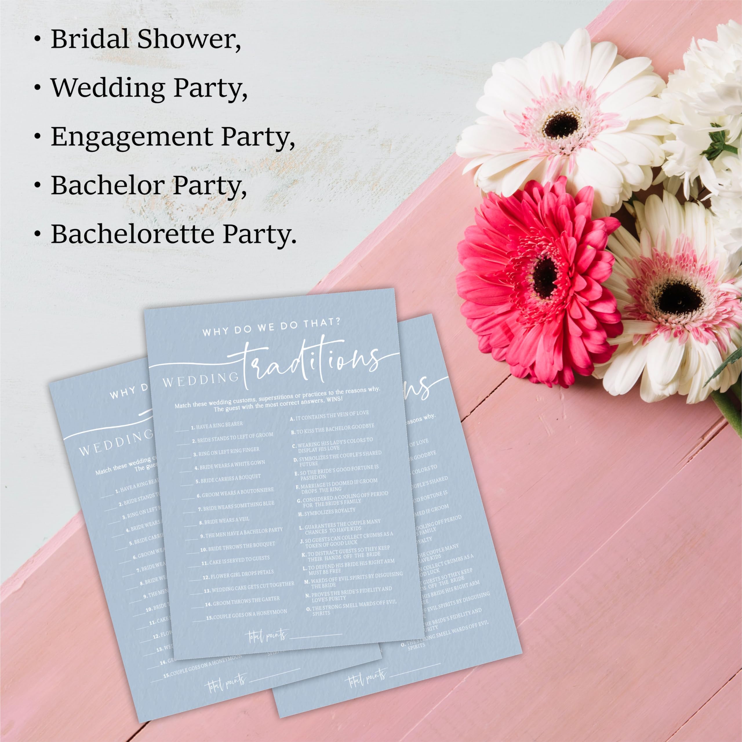 EXW Elegant Blue Bridal Shower Game Cards - Wedding Traditions Game - Engagement Party Cards, Newlyweds Party Decorations, Bridal Shower Game Supplies (30 Game Cards & 1 Answer Card) - A08