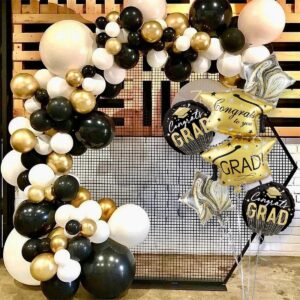 5pcs Graduation Theme Balloon Bouquet Set丨Golden Graduation Hat Foil Balloons丨Black Gold Marble Heart Balloons丨Congratulations Grad Round Balloons for Graduation Season We Are Proud of You Decoration