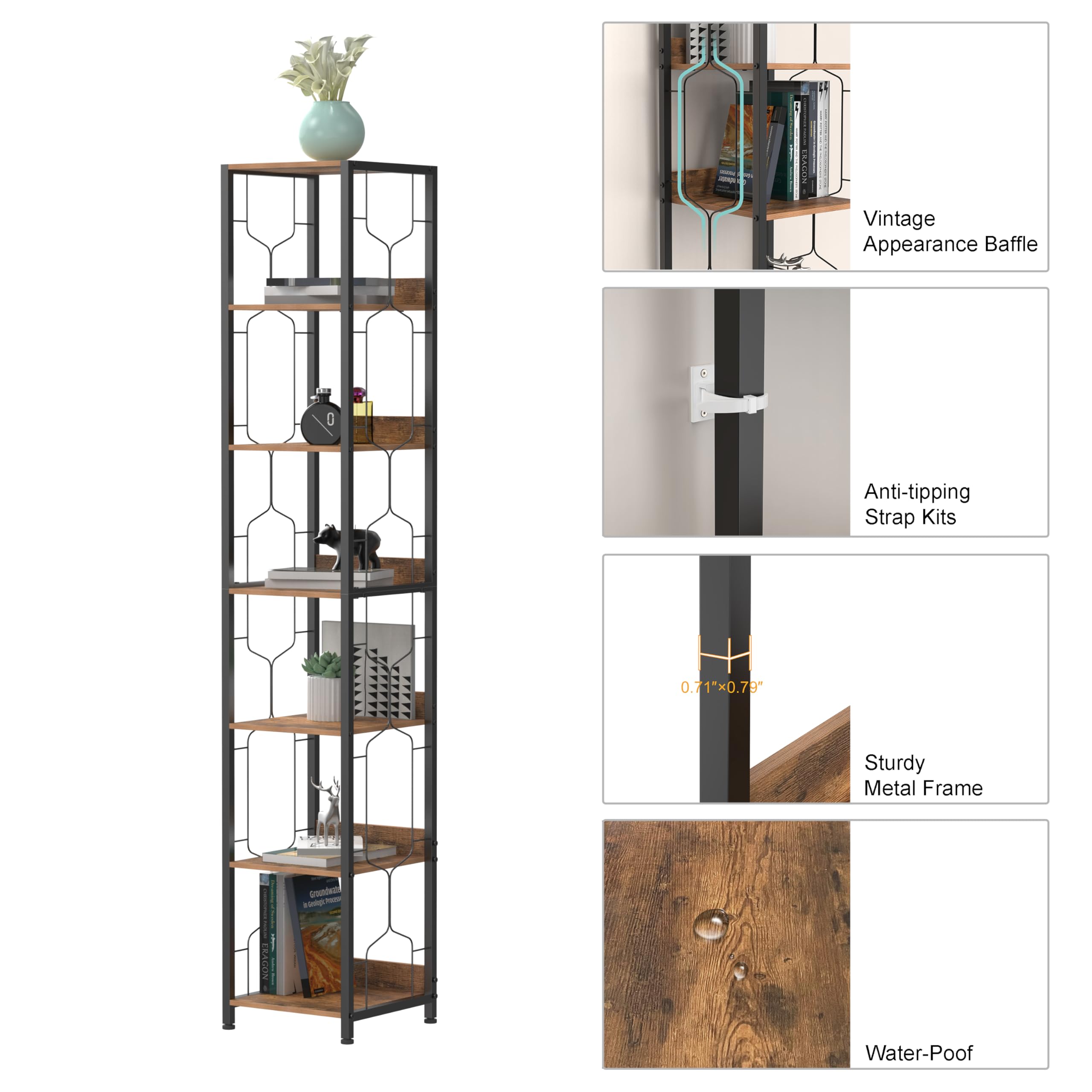 GiftGo 7-Tier Tall Narrow Bookshelf Corner Skinny Thin Bookcase Open Storage Display Rack Industrial Book Shelves Vertical Storage for Small Space Home Office Living Room (Rustic Brown, Narrow)