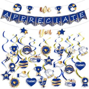 vitalcozy 39 pcs we appreciate you banner decorations thank you banner hanging swirls and banners blue gold employee appreciation decorations for staff teacher retirement doctor nurse photo backdrop