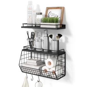 mvpsonag bathroom shelves over toilet wall mounted floating shelves with wire basket and hooks metal shelf organizer for bathroom, bedroom, living room, kitchen, home storage