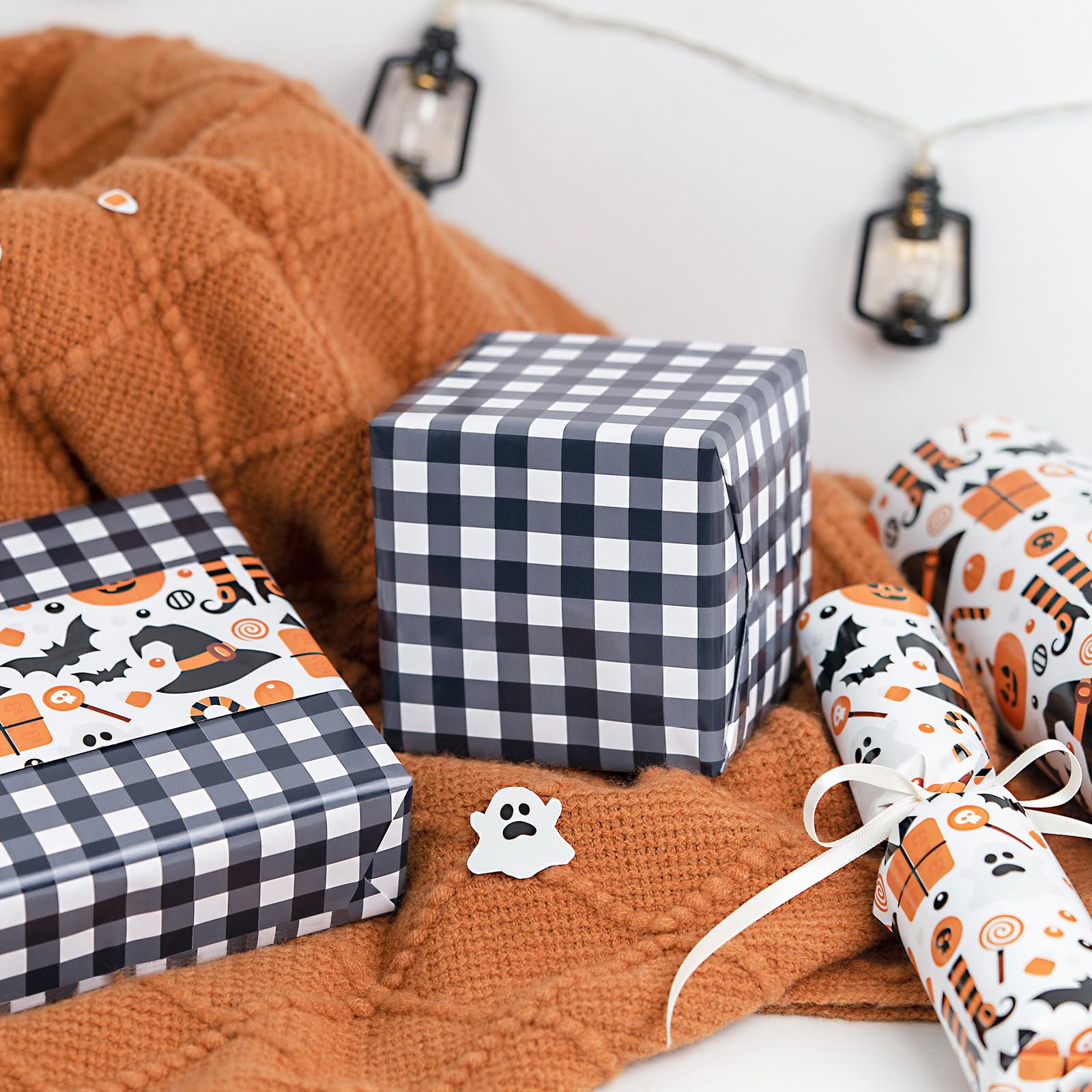 LeZakaa Reversible Halloween Wrapping Paper - Pumpkin, Witch Hat & Black and White Plaid Design for Halloween, Nightmare before Christmas Holiday, Party - 17 inches x 32.8 Feet (46.45 sq.ft.)