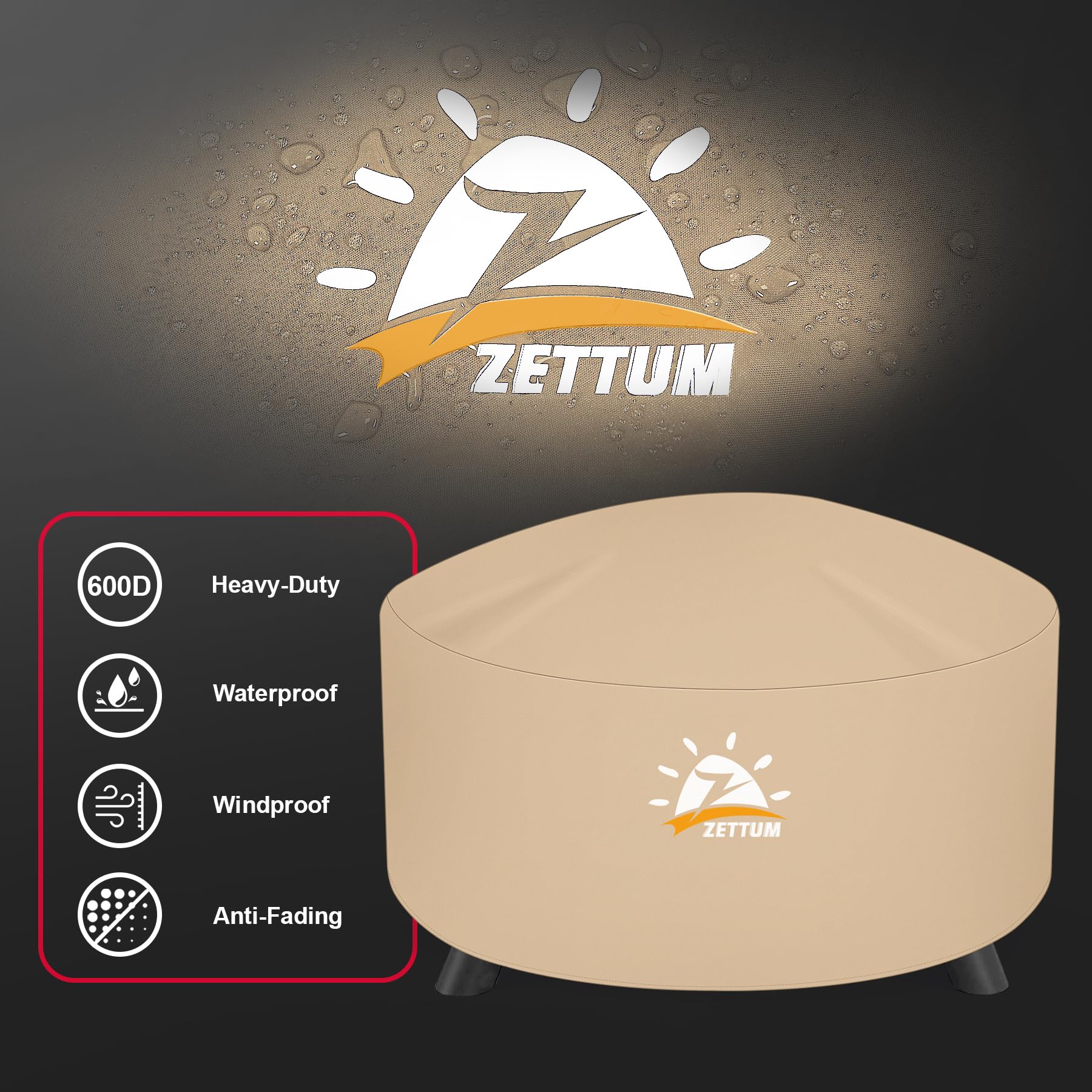 Zettum Fire Pit Cover Round 50 Inch - Outdoor Firepit Cover Waterproof & Heavy Duty, 600D Patio Fire Table Cover Large Gas Fire Pit Accessories Fade & Weather Resistant - 50 x 50 x 24 Inch