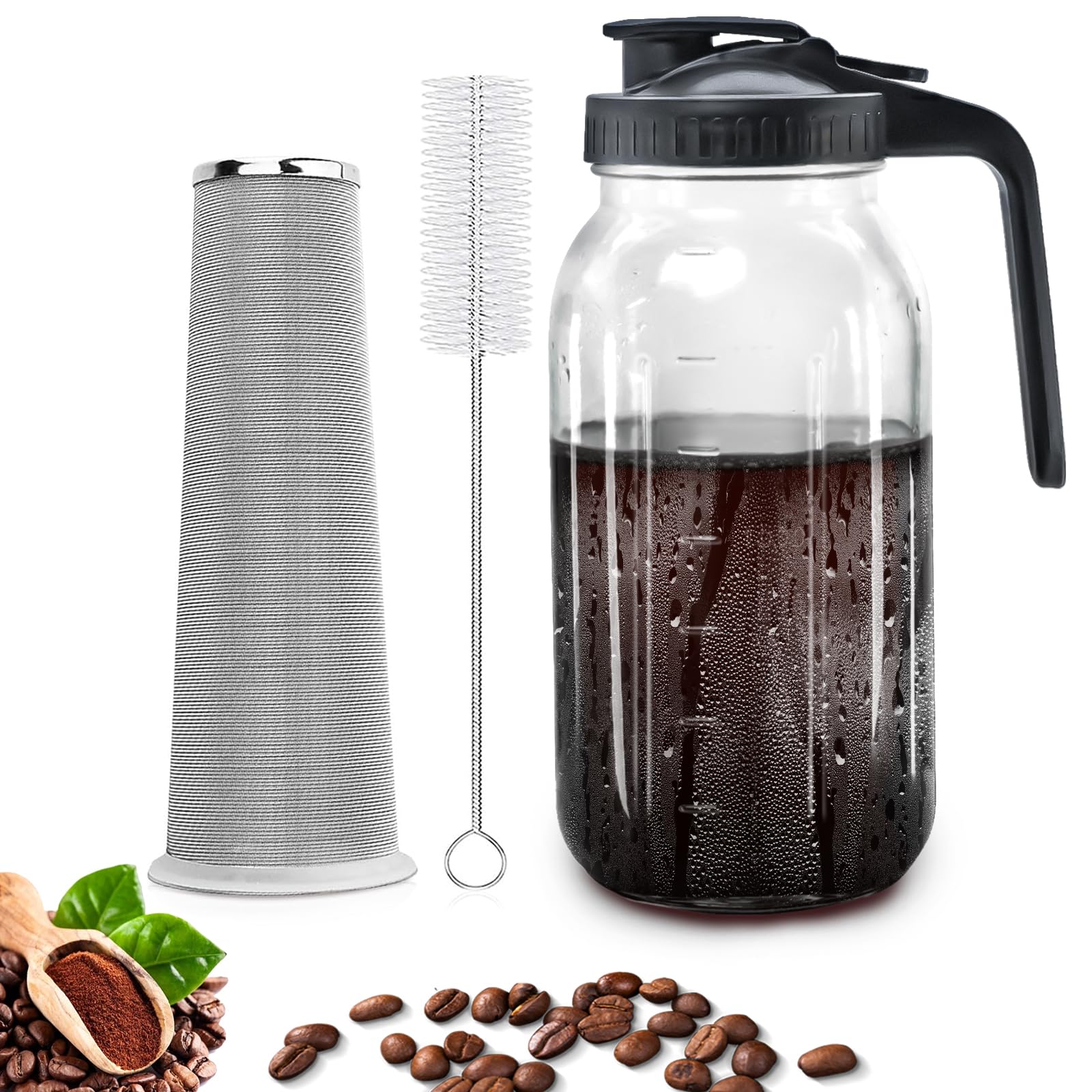 Cold Brew Coffee Maker Pitcher, 64oz Thick Glass Multipurpose Mason Pitcher Spout Lid with Wider Handle & Stainless Steel Filter for Iced Coffee, Lemonade, Ice Tea, Homemade Fruit Drinks, Black