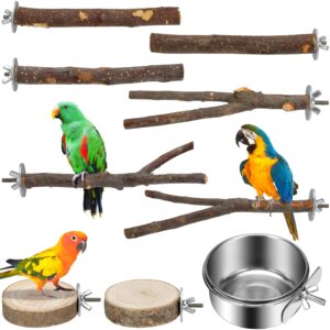 kakapops bird perches 9 pack parakeet toys wooden parrot stand branch, bird cage accessories with bird feeding cup, bird toys for cockatiels small birds