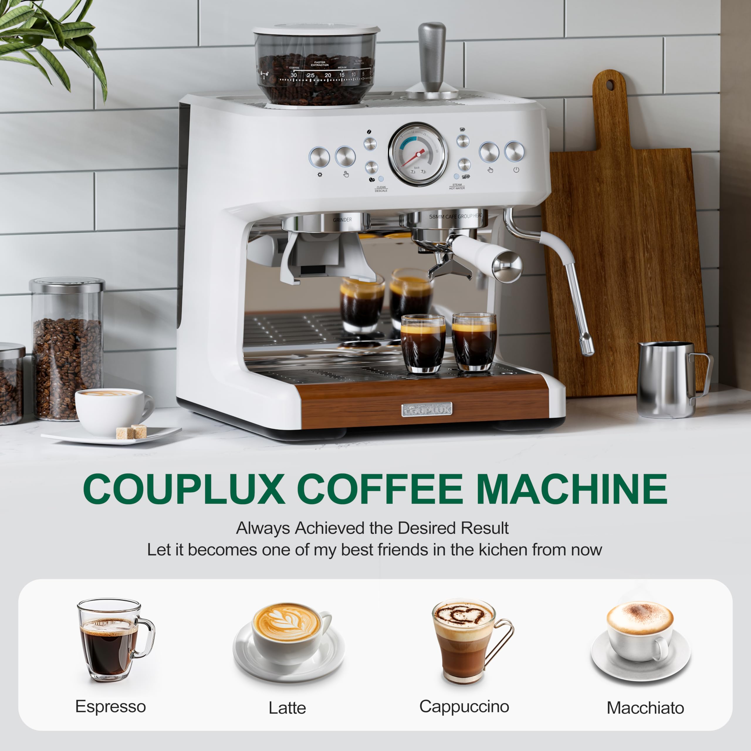 COUPLUX Espresso Machine with Grinder, Coffee and Espresso Maker Combo All in One Coffee Machine, 20 Bar Cafe Espresso Machine with Milk Frother for Latte Cappuccino, 2.8L Water Tank, 58MM Portafilter