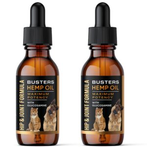 busters hip and joint hemp oil for dogs formula with glucosamine, 2pack 2month supply, pain relief for cats, and pets, advanced mobility support