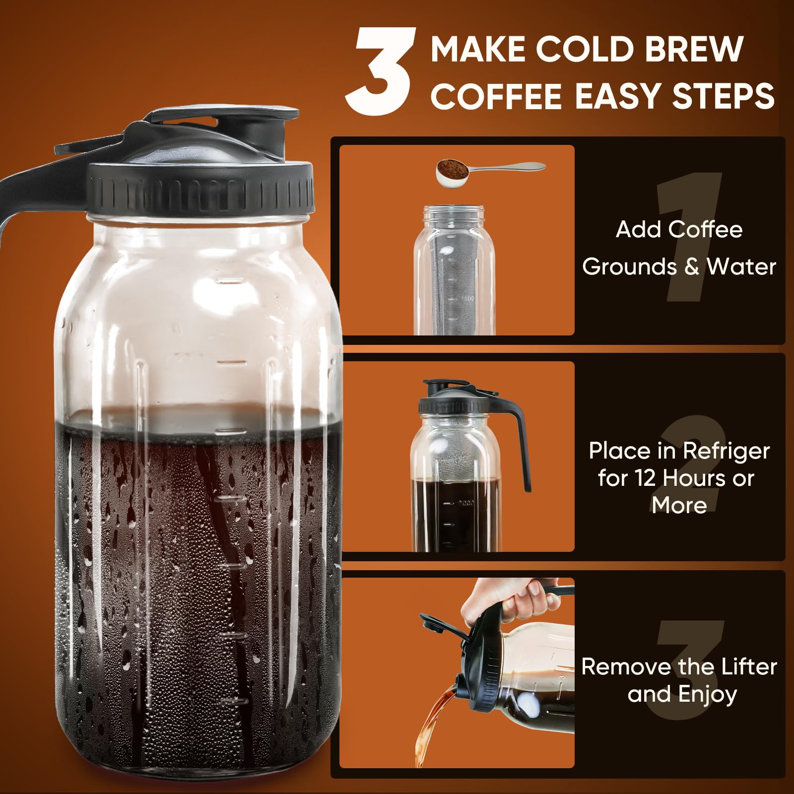 Cold Brew Coffee Maker Pitcher, 64oz Thick Glass Multipurpose Mason Pitcher Spout Lid with Wider Handle & Stainless Steel Filter for Iced Coffee, Lemonade, Ice Tea, Homemade Fruit Drinks, Black