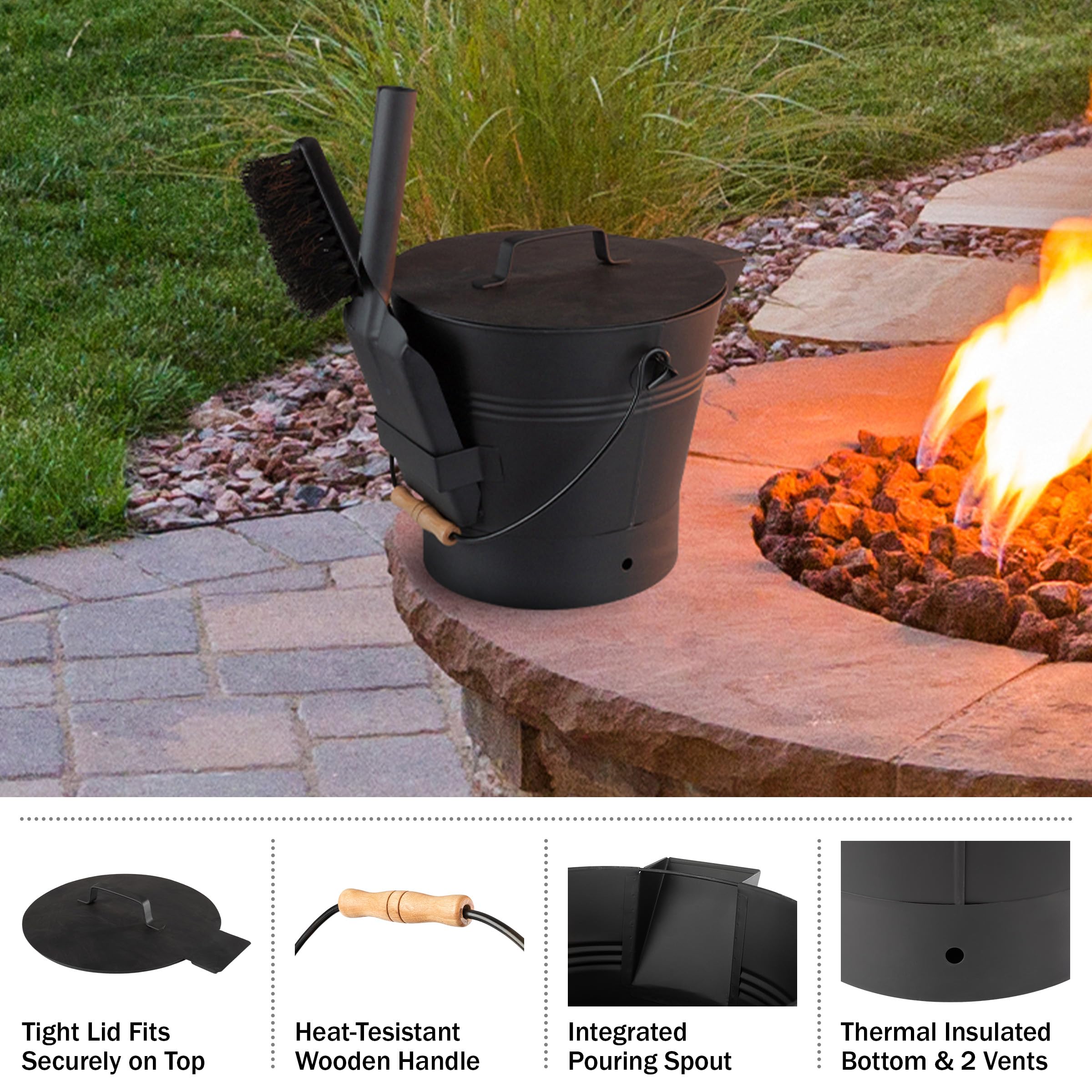 Pure Garden Ash Bucket with Lid, Broom, and Shovel, Black