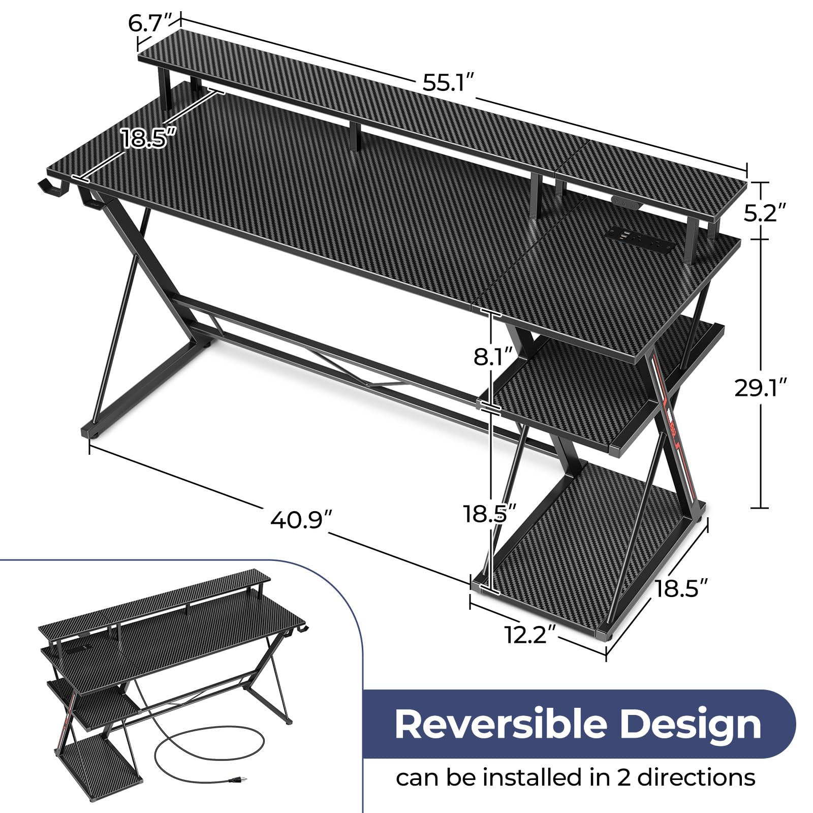 SEVEN WARRIOR Gaming Desk with LED Lights & Power Outlets, 55" Computer Desk with Monitor Stand & Storage Shelf, Gaming Table with Earphone Hook, Office Desk with Footrest, Carbon Fiber Black