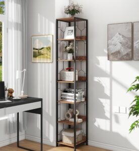 giftgo 7-tier tall narrow bookshelf corner skinny thin bookcase open storage display rack industrial book shelves vertical storage for small space home office living room (rustic brown, narrow)