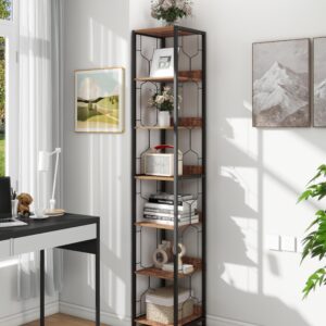 GiftGo 7-Tier Tall Narrow Bookshelf Corner Skinny Thin Bookcase Open Storage Display Rack Industrial Book Shelves Vertical Storage for Small Space Home Office Living Room (Rustic Brown, Narrow)