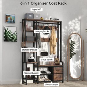 WODRAWER Hall Tree for Entryway 43", Bench with Shoe Storage, Large Coat Rack Shoe Bench with 5 Tier Shelves, 5 in 1 Design Front Door Shoe Rack and Wall Rack Hooks, and 2 Drawers (Rustic Brown)