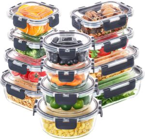 skroam 12 pack glass food storage containers with lids, meal prep, pantry kitchen storage containers for lunch, leak proof, airtight glass lunch bento boxes for microwave, oven, freezer and dishwasher